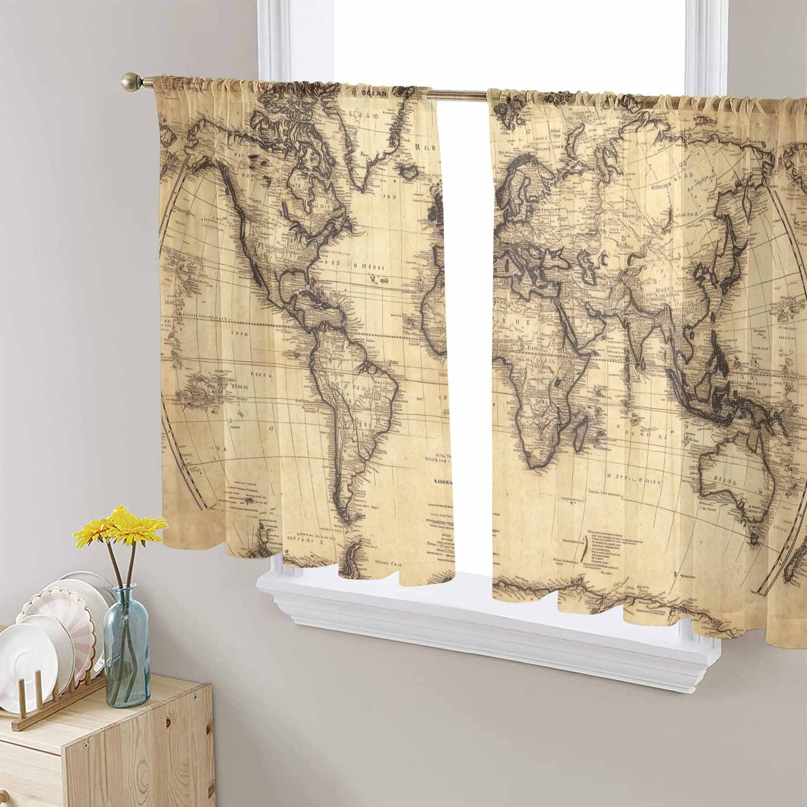 Beige Map Sheer Curtains 45 Inch Length 2 Panels Set, Semi Transparent ...
