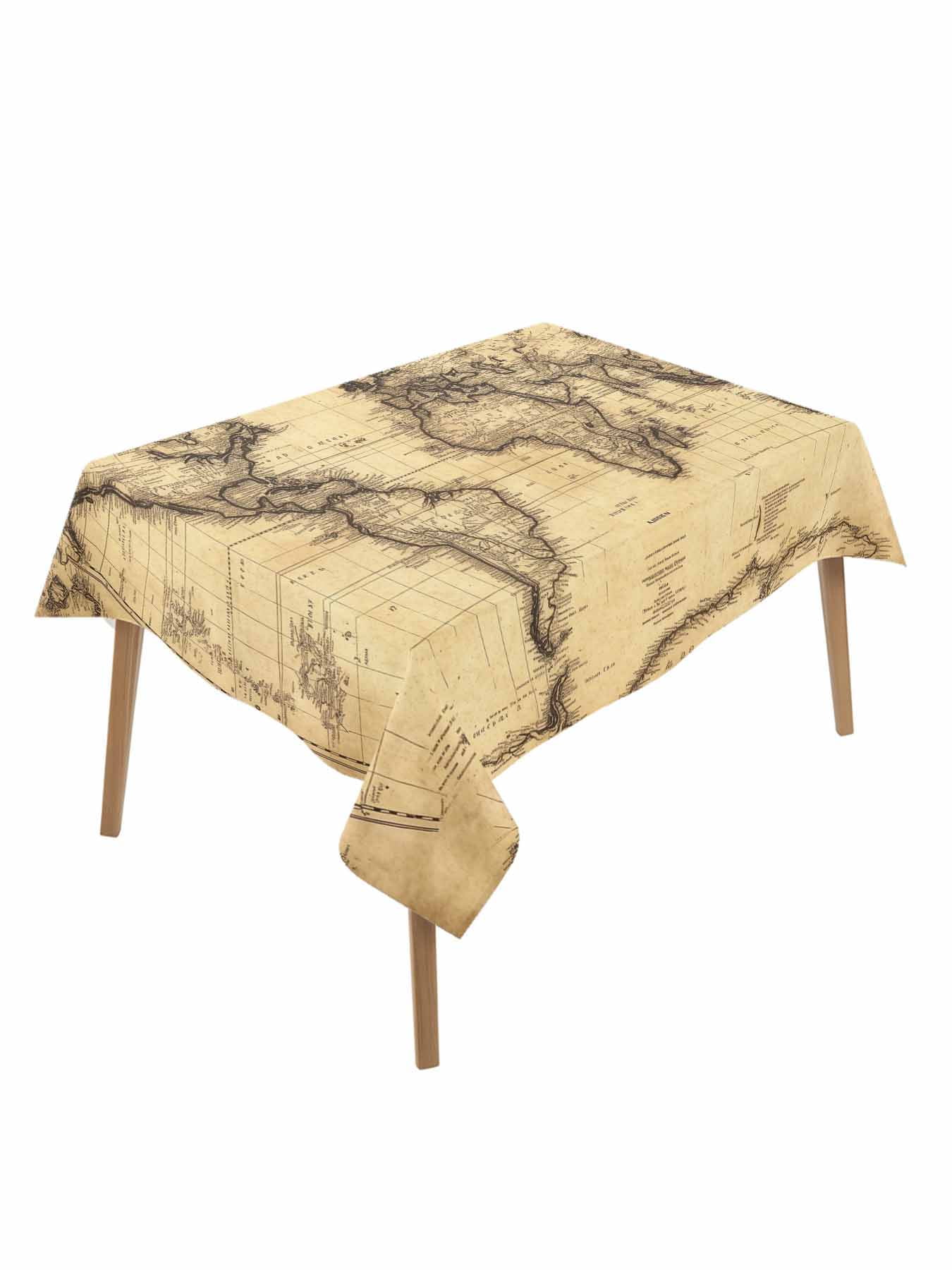 Beige Map Table Cloth, Retro Farmhouse Abstract Illustration Art ...