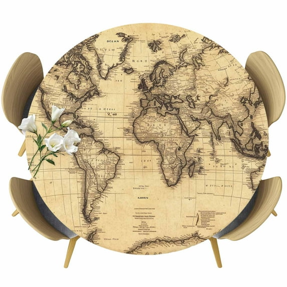 Beige Map Table Cloth, Round Fitted Tablecloths with Elastic Edge ...