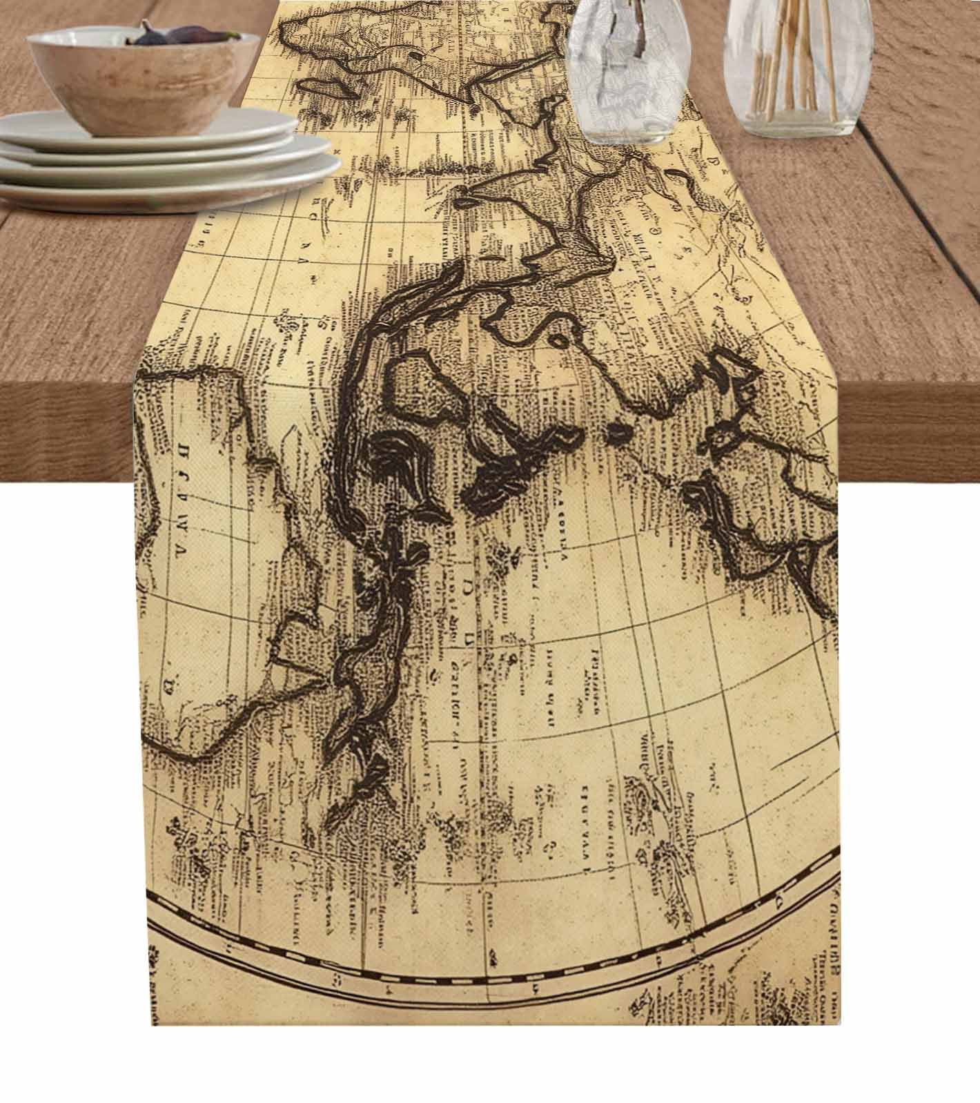 Beige Map Table Runner 72 Inches, Retro Farmhouse Abstract Illustration ...
