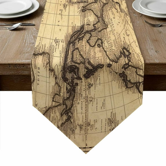 Beige Map Table Runner Linen Burlap Table Runner 60 Inches Long Retro ...