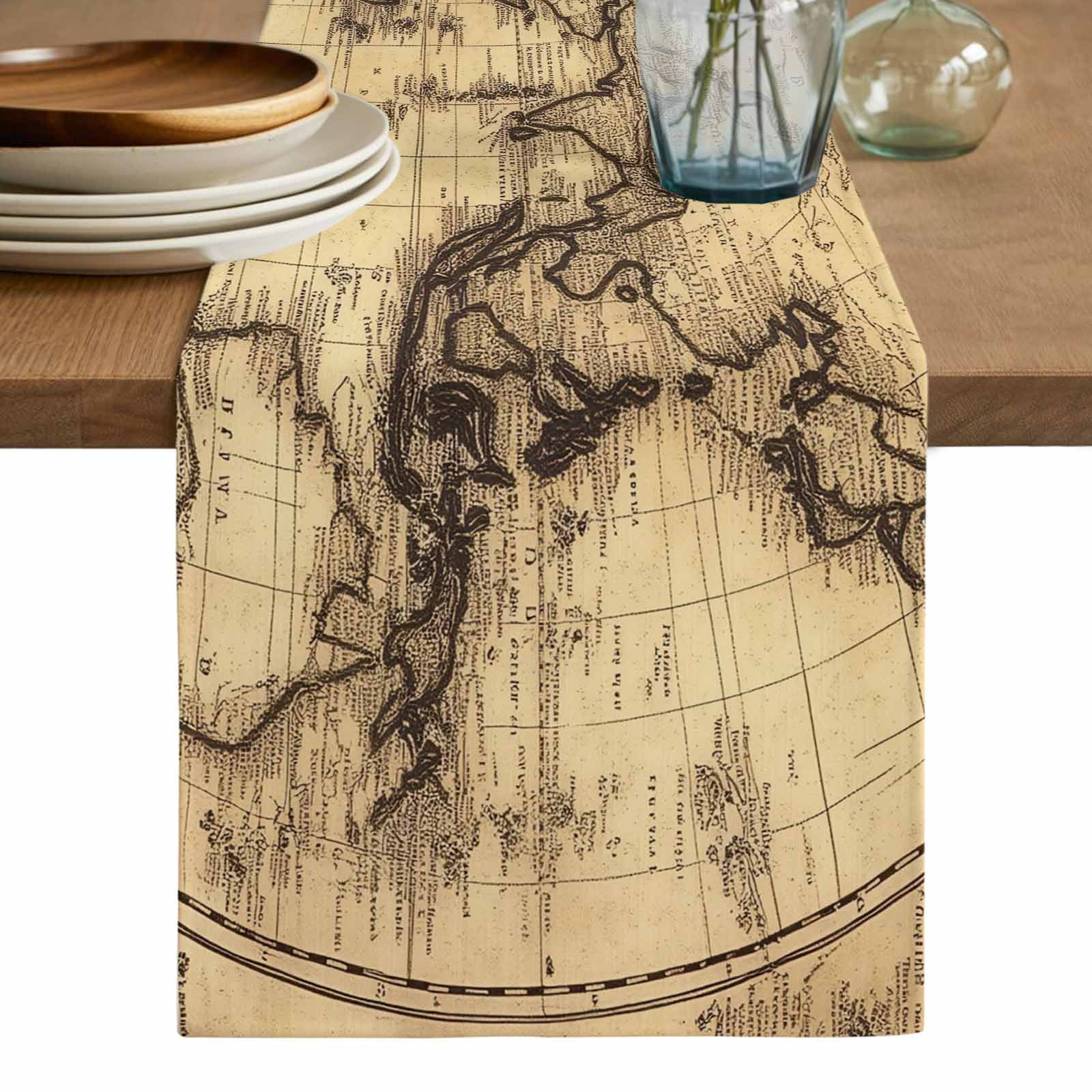 Beige Map Table Runner, Retro Farmhouse Abstract Illustration Art ...
