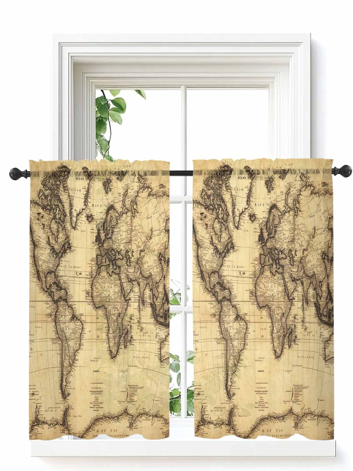 Beige Map Tier Curtains 45 Inch Length,Sheer Curtains for Bedroom ...