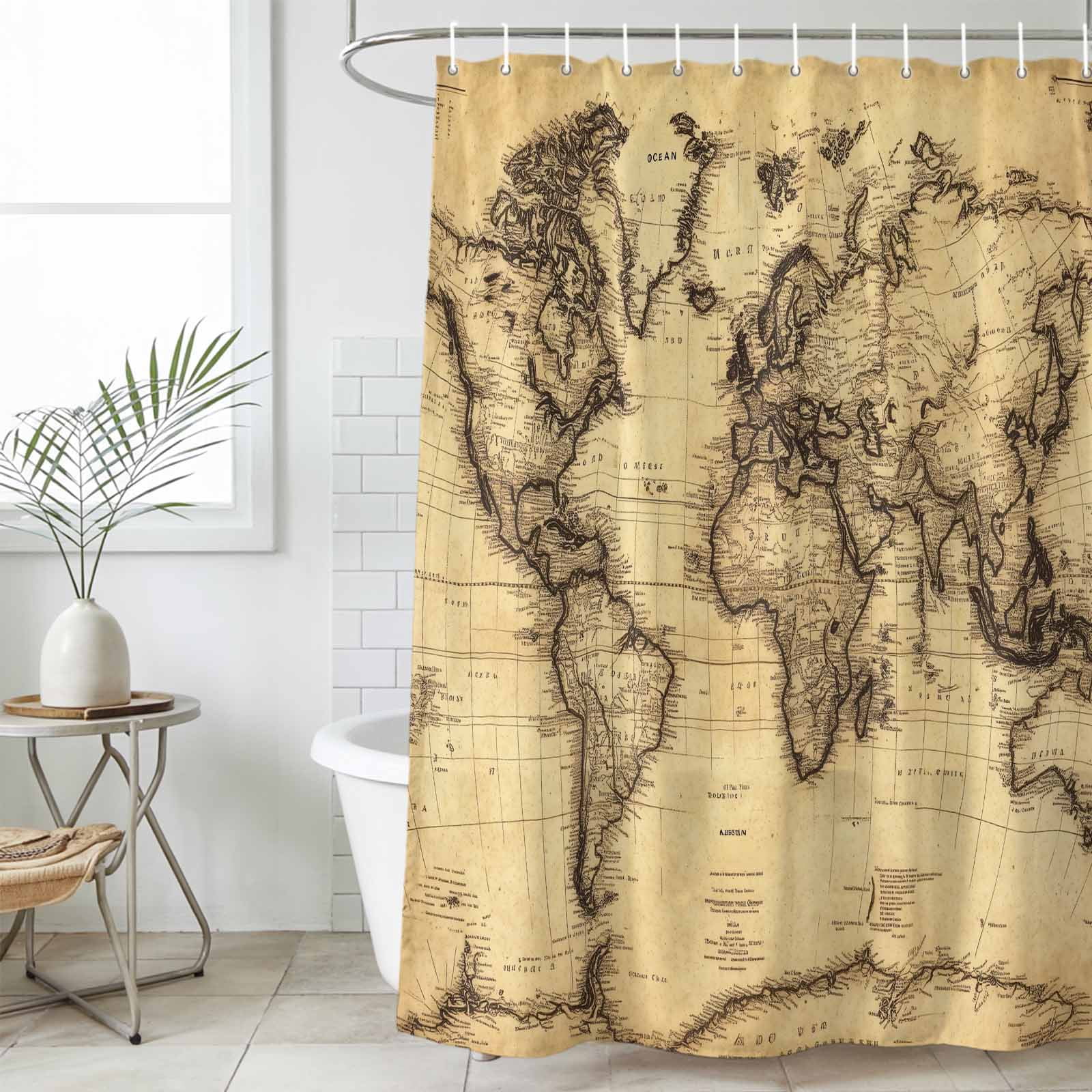 Beige Map Waterproof Fabric Shower Curtain,Retro Farmhouse Abstract ...