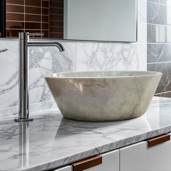 Beige Marble Conical Vessel Sink – 16.53 Inch Handcrafted Stone Basin ...