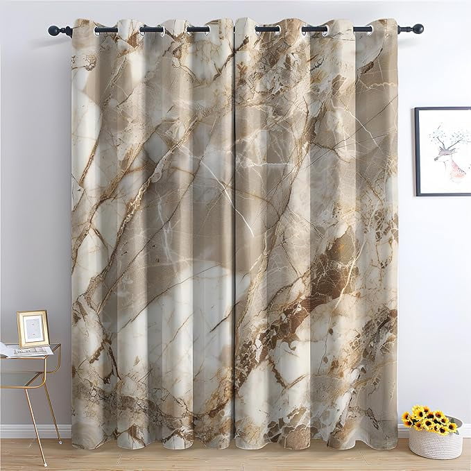 Beige Marble Curtains For Bedroom, Marble Pattern Blackout Curtains For ...