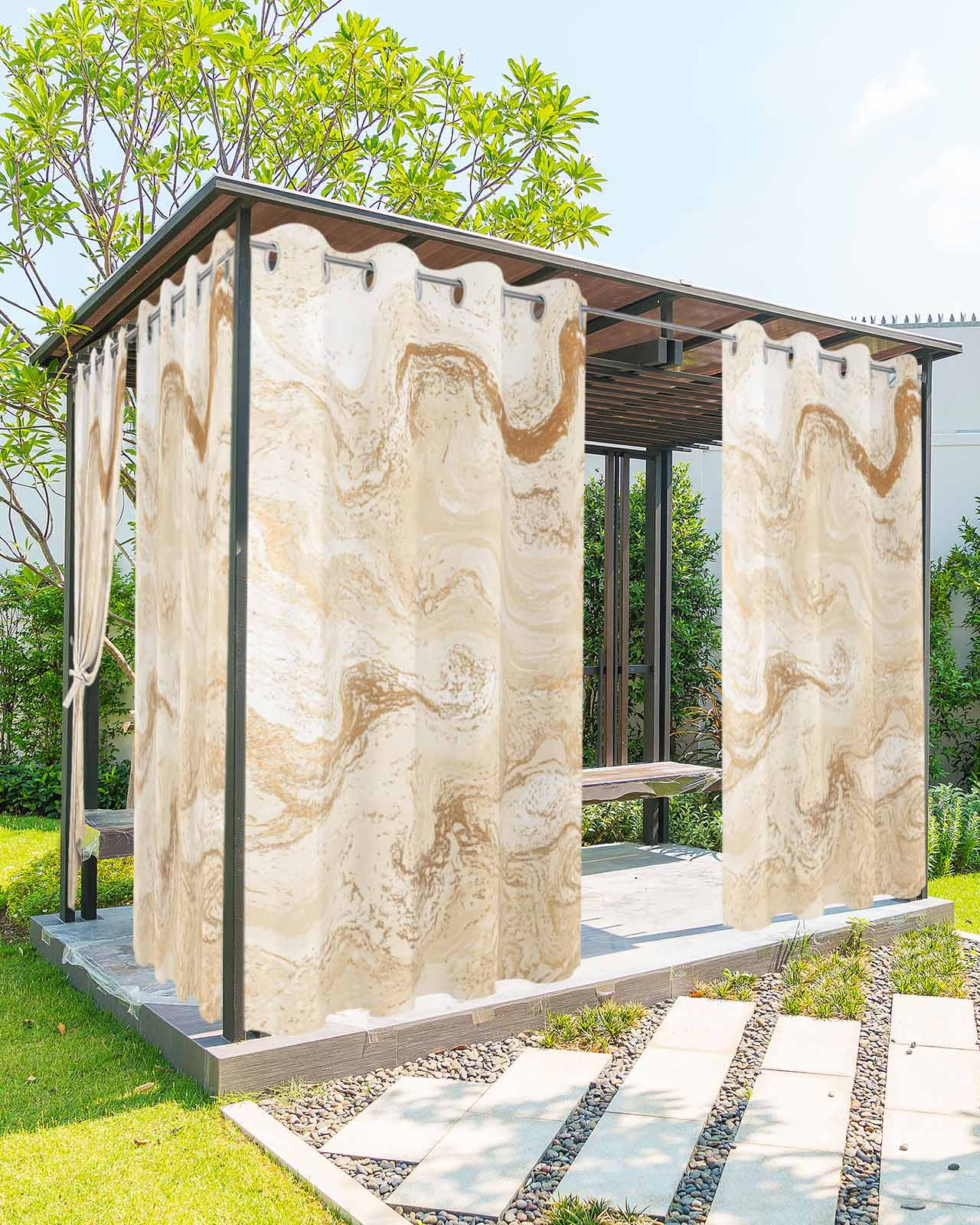 Beige Marble Outdoor Curtains for Patio, Chic Neutral Minimalist Fluid ...