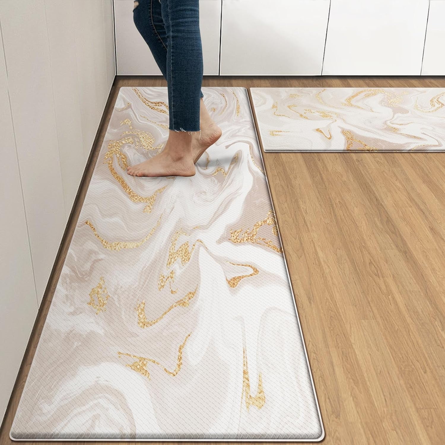 Beige Marble Painting Anti-Fatigue Kitchen Rug Set of 2 Rose Gold ...