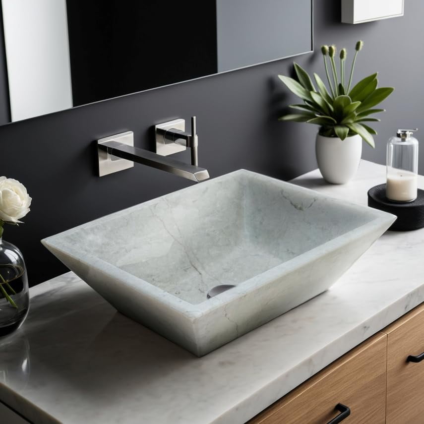 Beige Marble Rectangular Vessel Sink – 16.92 x 13.38 Inch Handcrafted ...