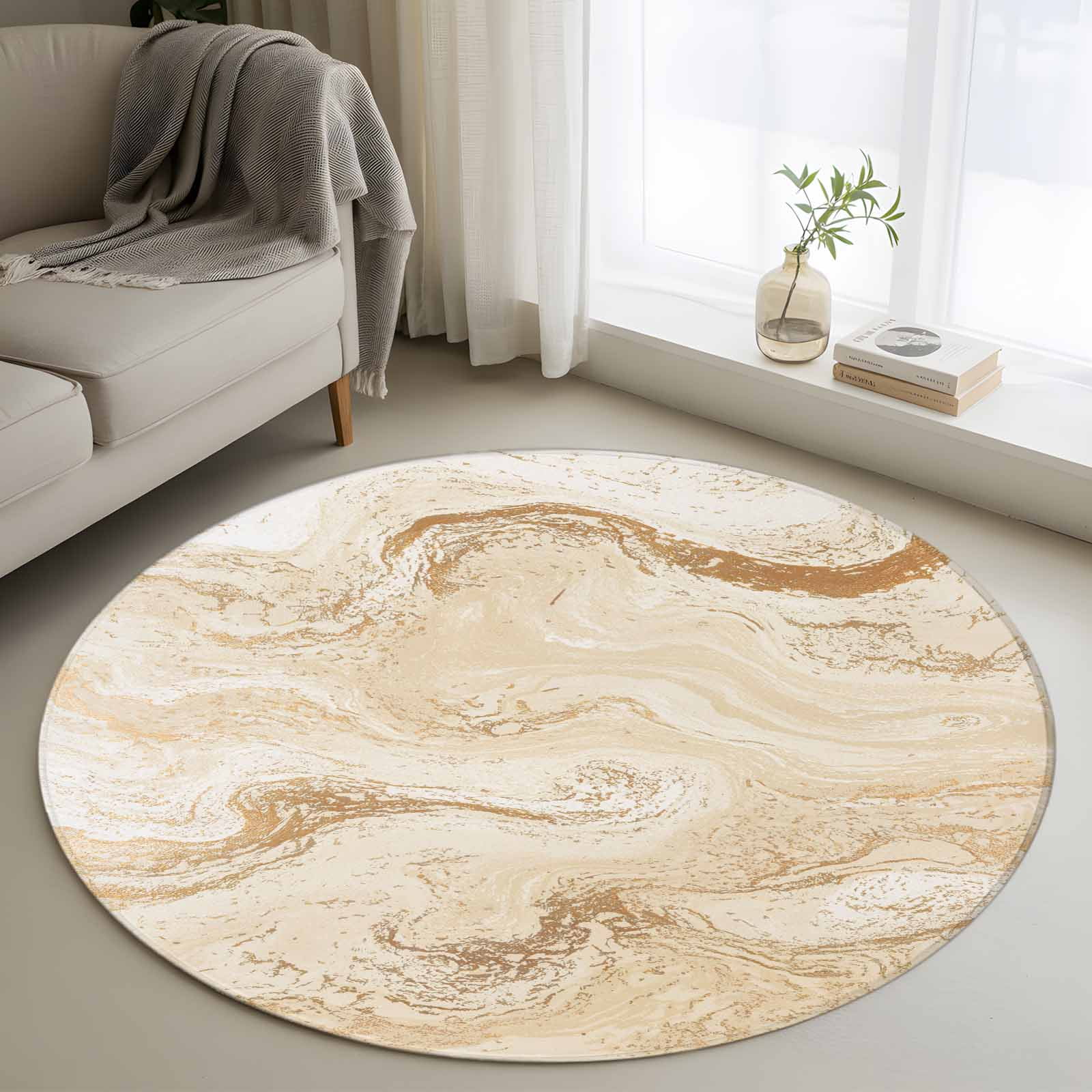 Beige Marble Round Area Rug 3 FT, Small Kitchen Bathroom Mats, Chic ...