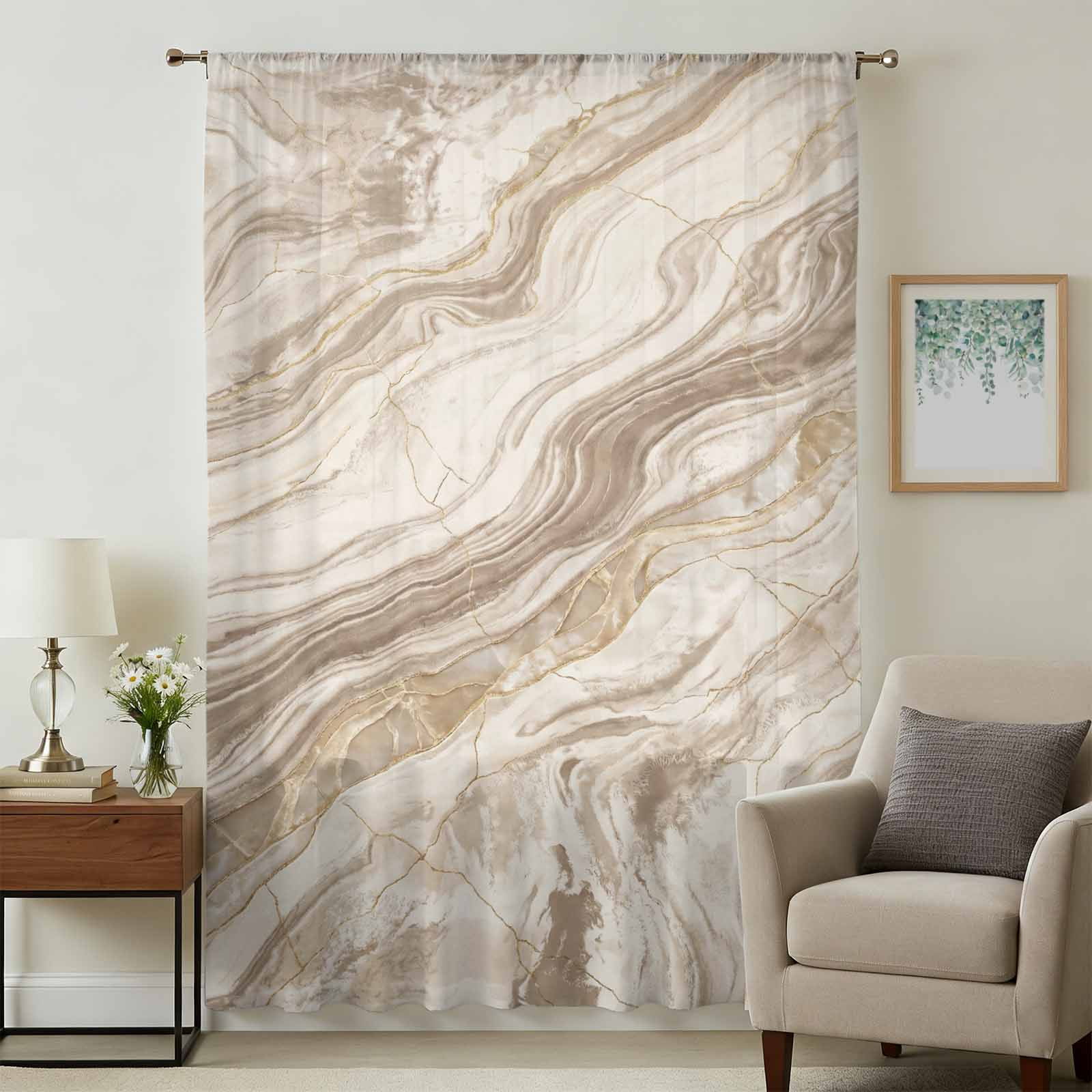 Beige Marble Sheer Curtains 108 Inches Extra Long, Modern Ink Painting ...