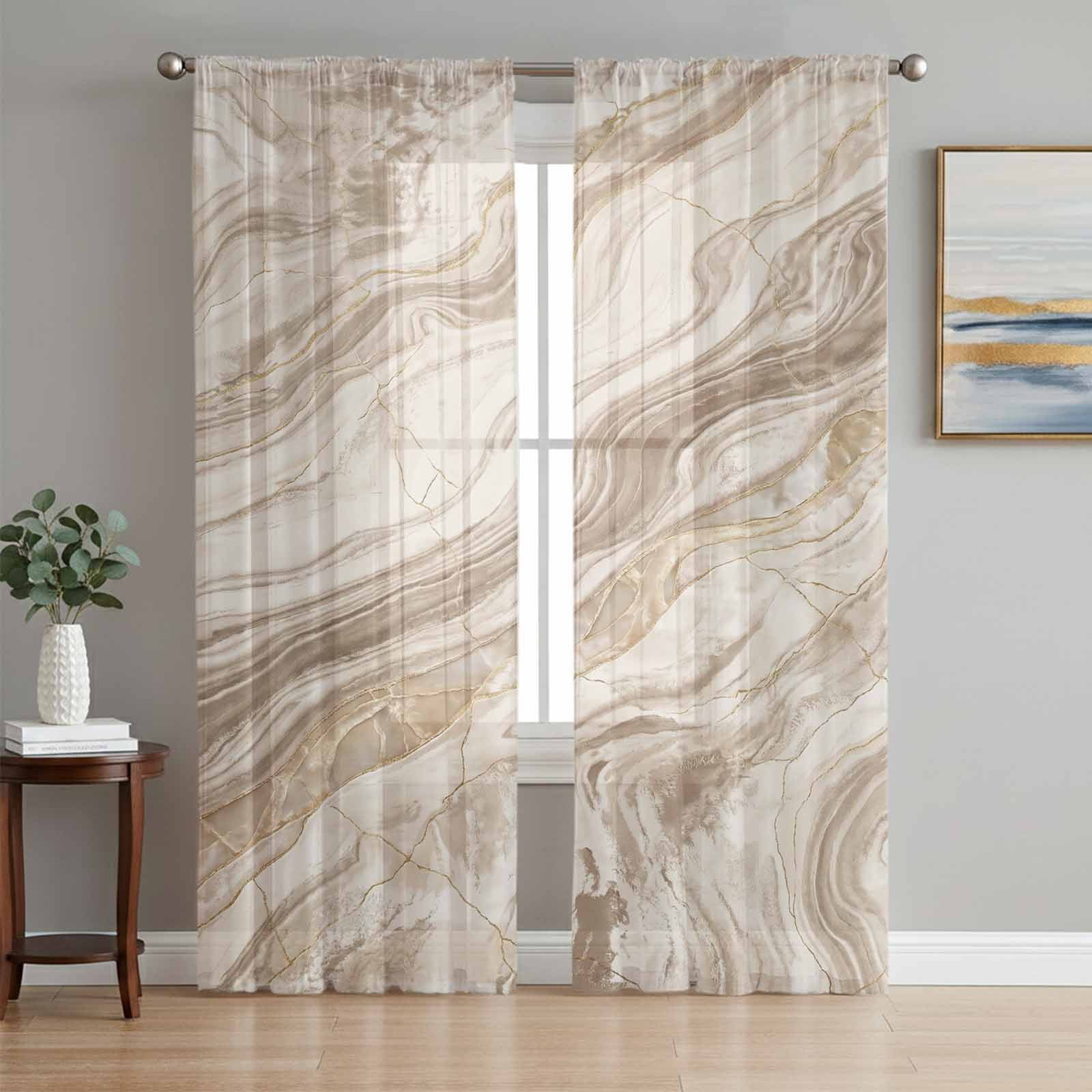 Beige Marble Sheer Curtains for Living Room Bedroom Modern Ink Painting ...
