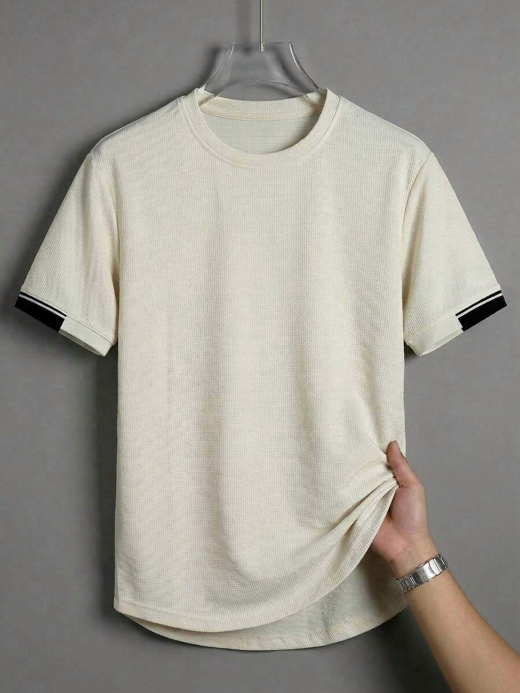 Beige Mens Crew Neck Short Sleeve Textured Casual Tee With Black Trim ...
