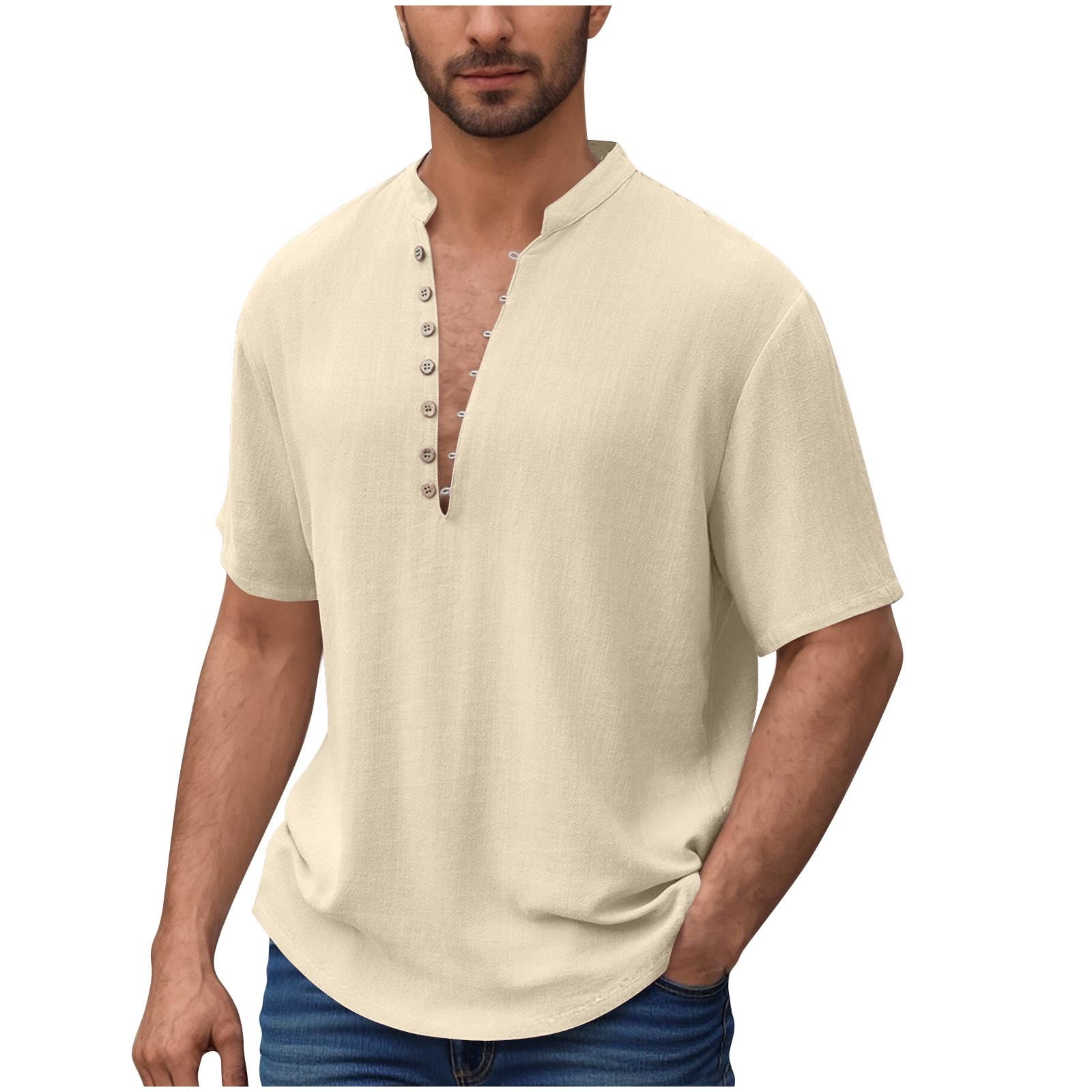 Beige Mens Top Collared Neck Faux Linen Blouses for Mens Short Sleeve ...