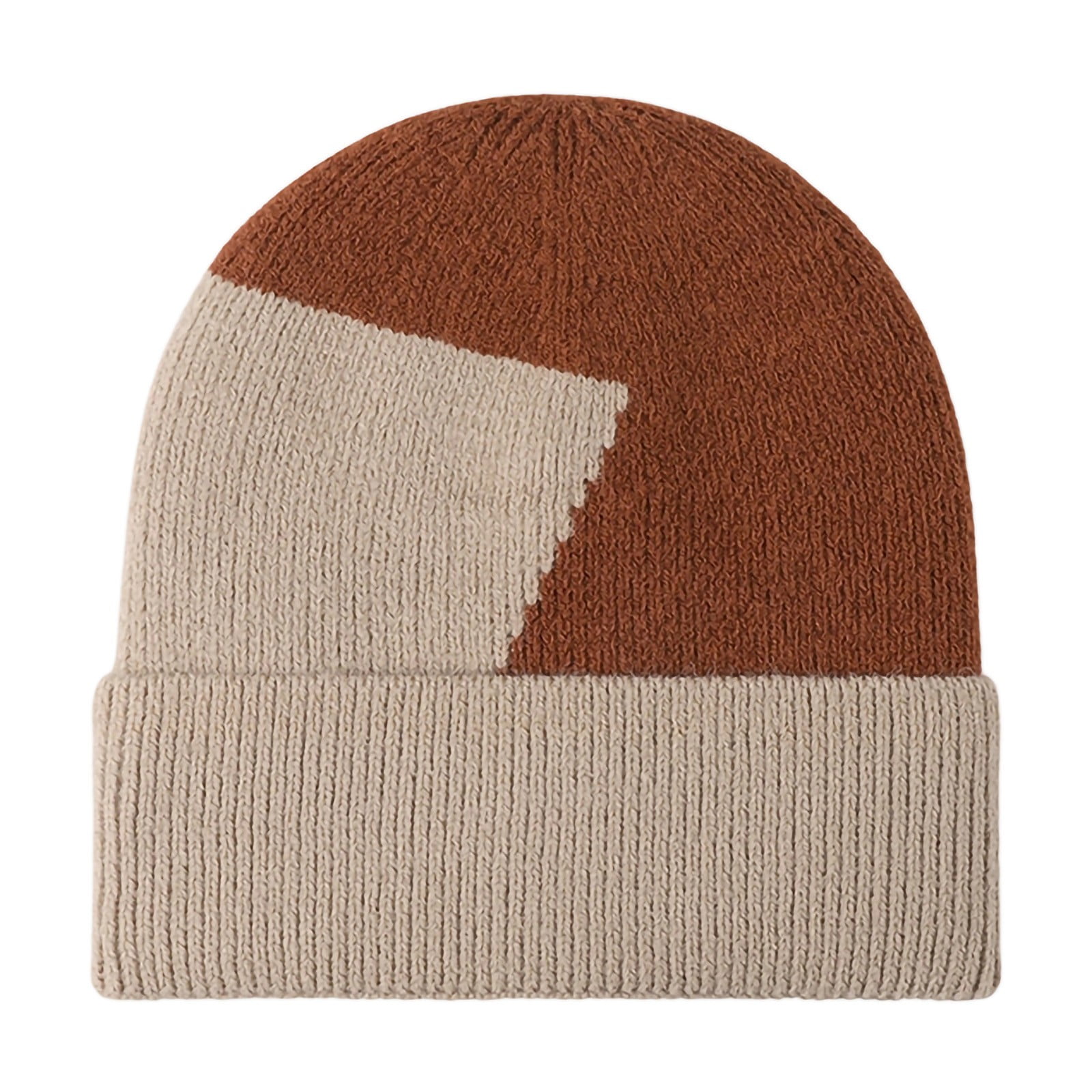 Beige Mens Winter Knitted Beanie Hat Color Blocked Design With Thick ...