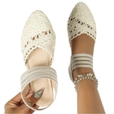 Beige Mesh Mules for Women Comfy Raffia Woven Strap Closed Pointed Toe ...