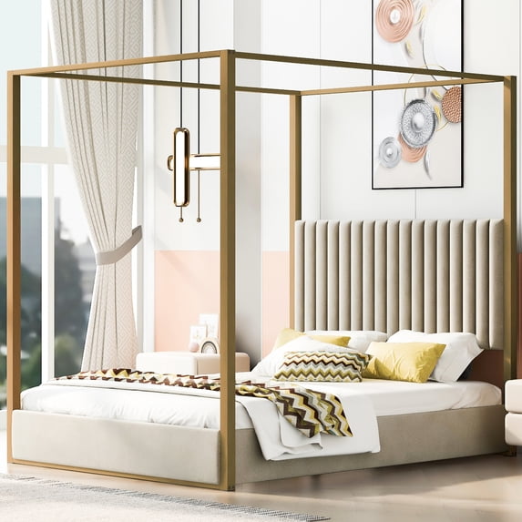 Beige Metal - frame Upholstered Bed - Ideal for Master Bedroom, High ...