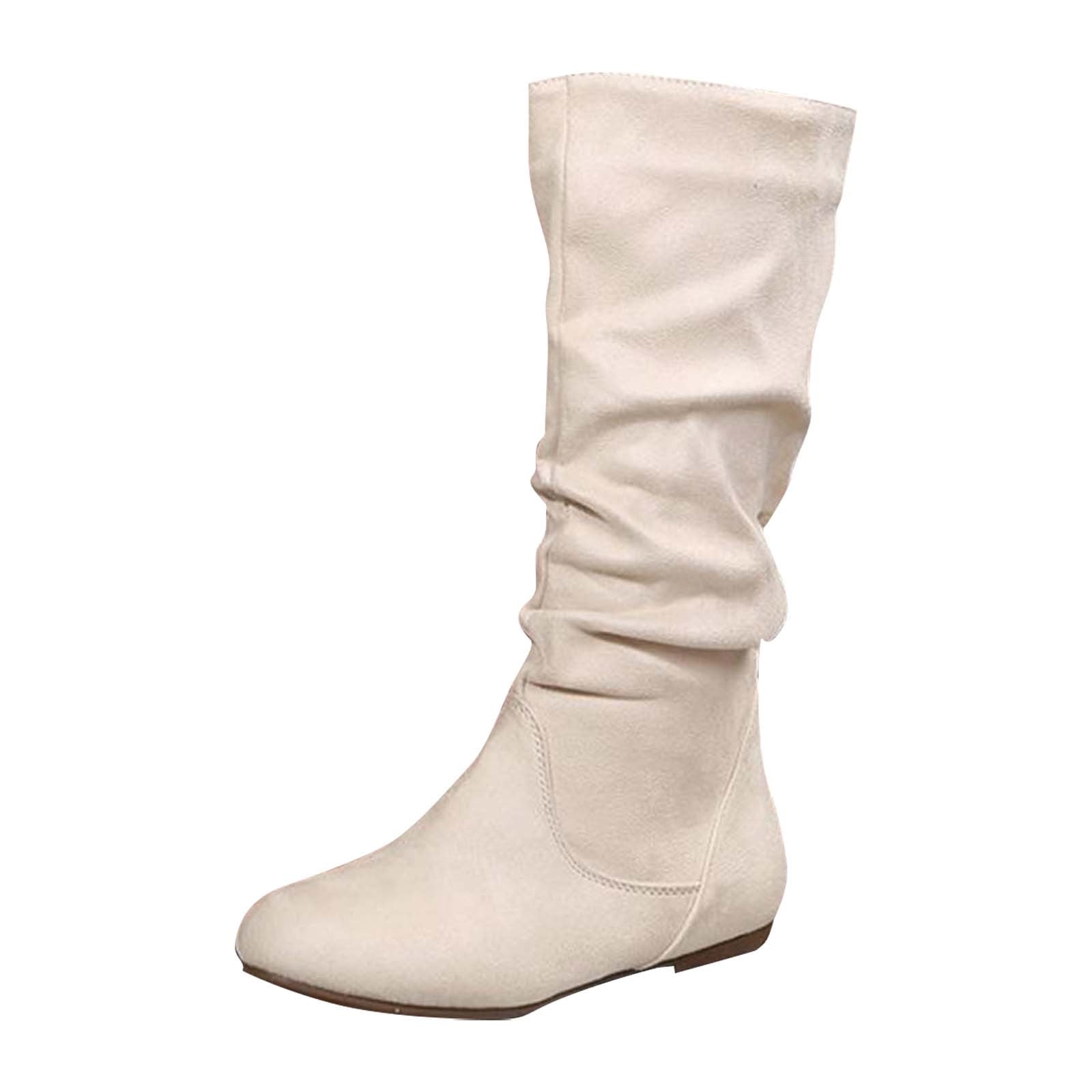 Beige Mid Length Boots With Suede Finish And Stable Heel For A ...