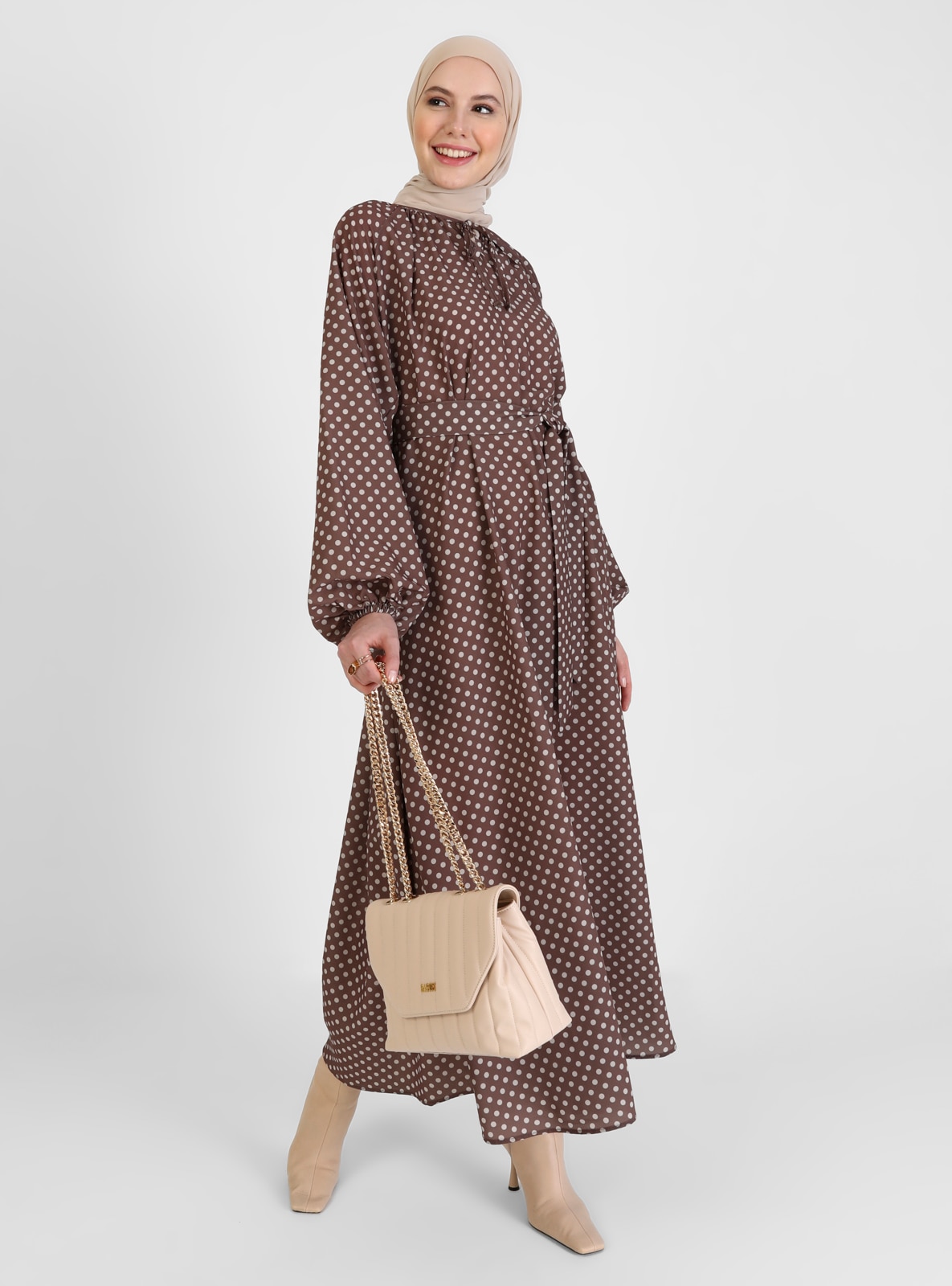 Beige - Mink - Polka Dot - Crew neck - Unlined - Modest Dress - Refka ...