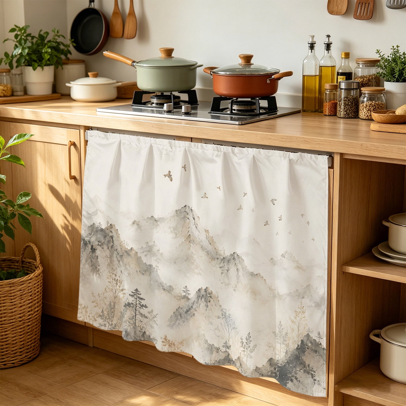 Beige Misty Mountains Cabinet Curtains 35" W x 35" L, Zen Flying Birds ...