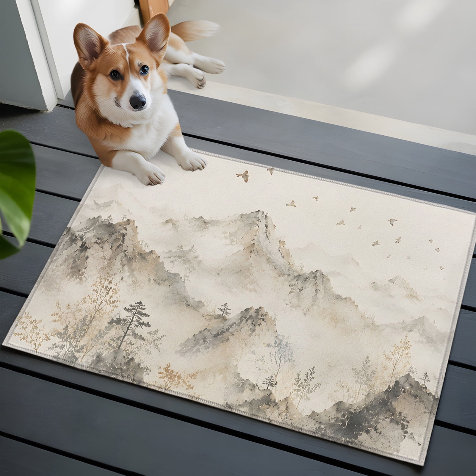 Beige Misty Mountains Small Area Rugs 2x3 Zen Flying Birds Peaks Trees ...