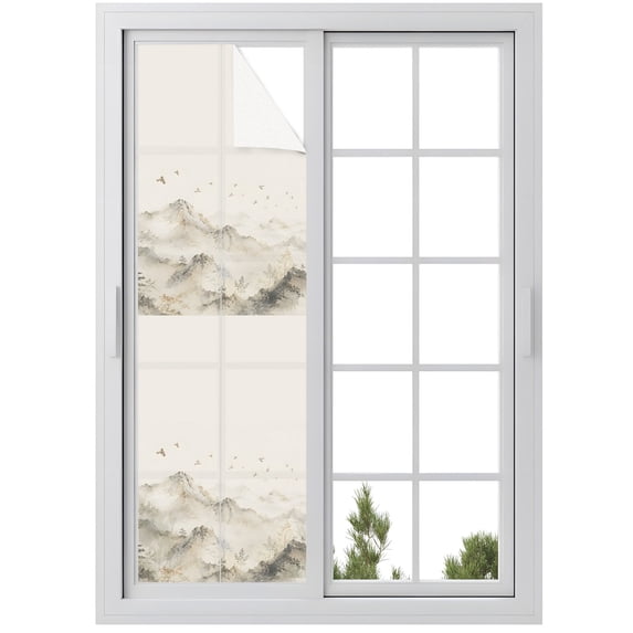 Beige Misty Mountains Window Privacy Film Zen Flying Birds Peaks Trees ...