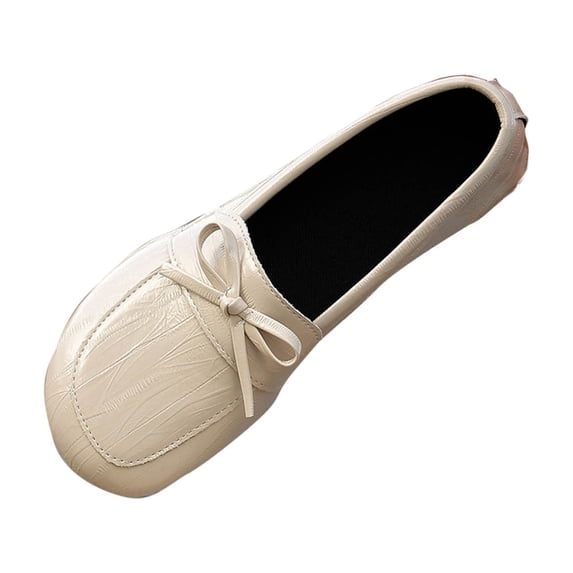 Beige Moccasins Low Heel For Ladies Comfortable Slip On Round Toe Bow ...