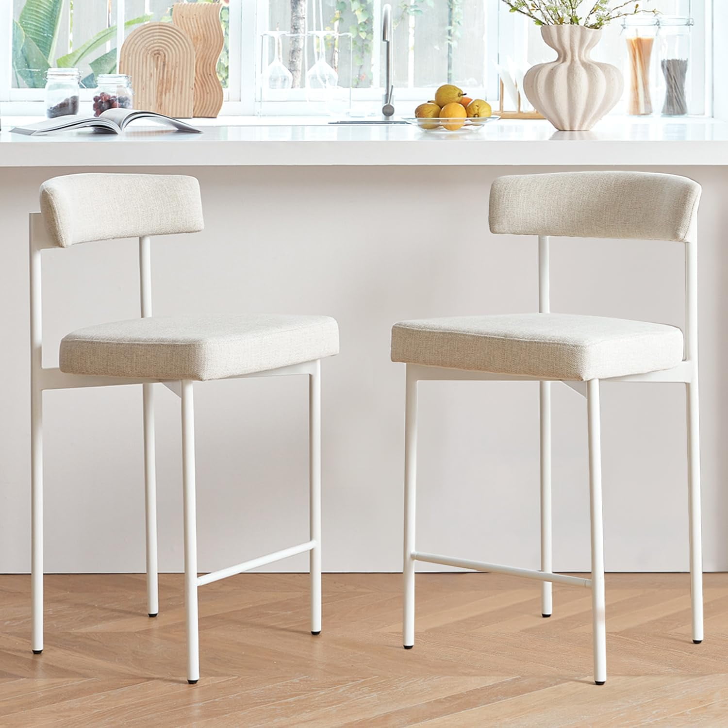 Beige Modern Bar Stools Set of 2, 24 Inch Faux Leather Counter Stools ...