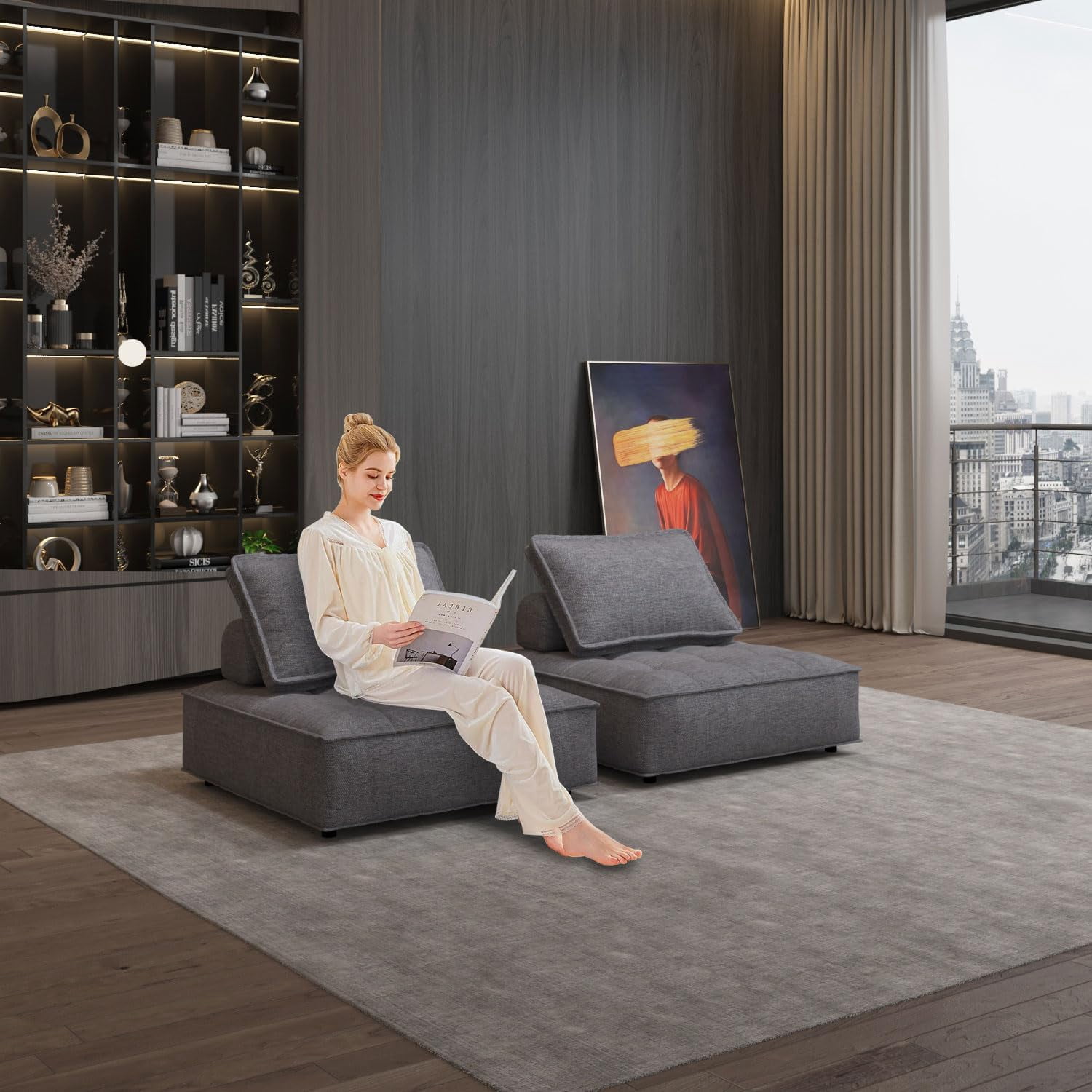 Beige Modular Sectional Sofa Couch 1 Seater Tofu Block Single Sofa Soft ...