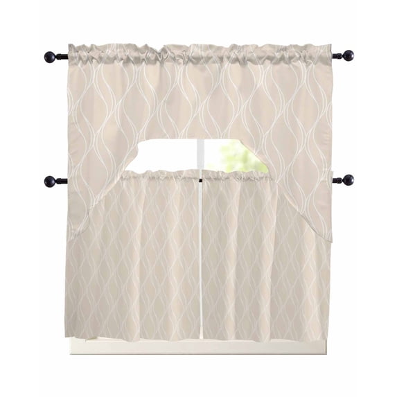 Beige Moire Waves Kitchen Curtains Sets 24 Inch Length with Valance ...