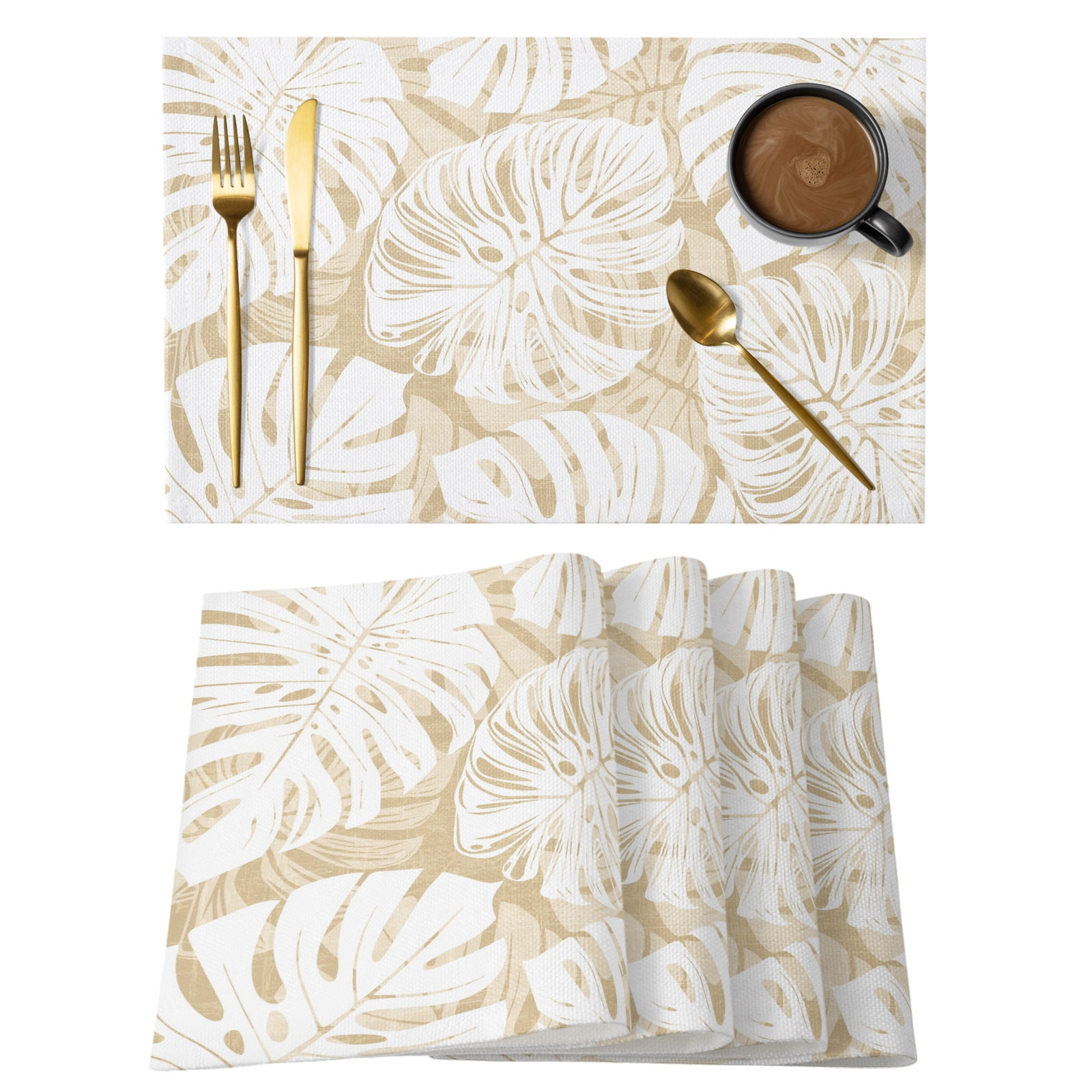 Beige Monstera Deliciosa Placemats Set of 12 Tropical Summer Botanical ...