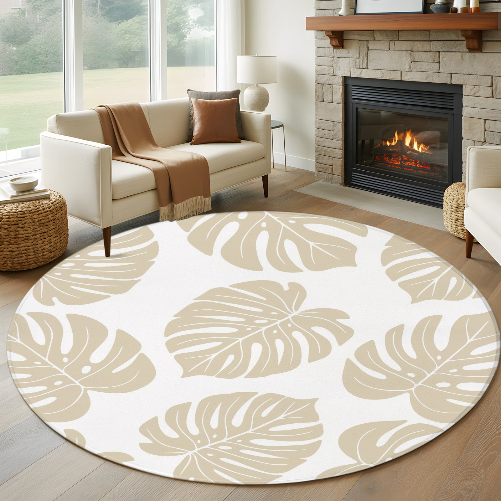 Beige Monstera Leaf 7FT Round Area Rugs for Living Room Tropical ...