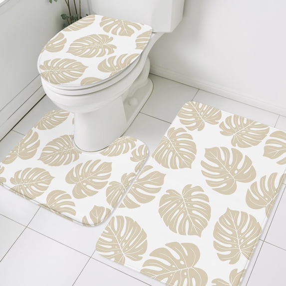 Beige Monstera Leaf Bathroom Rugs Set Tropical Botanical Minimalist ...