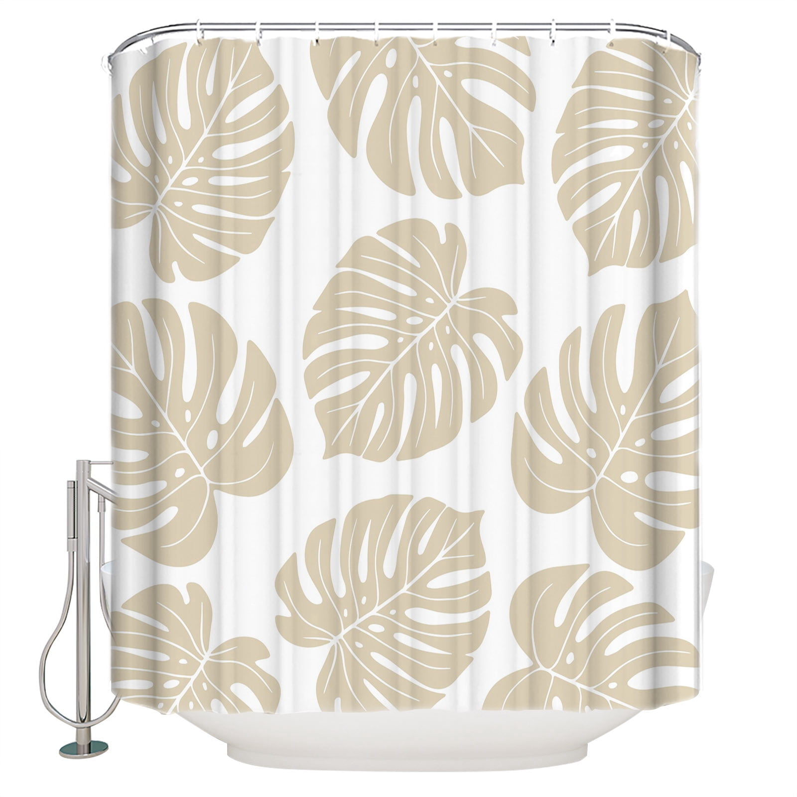 Beige Monstera Leaf Bathroom Shower Curtains with 12 Hooks Polyester ...