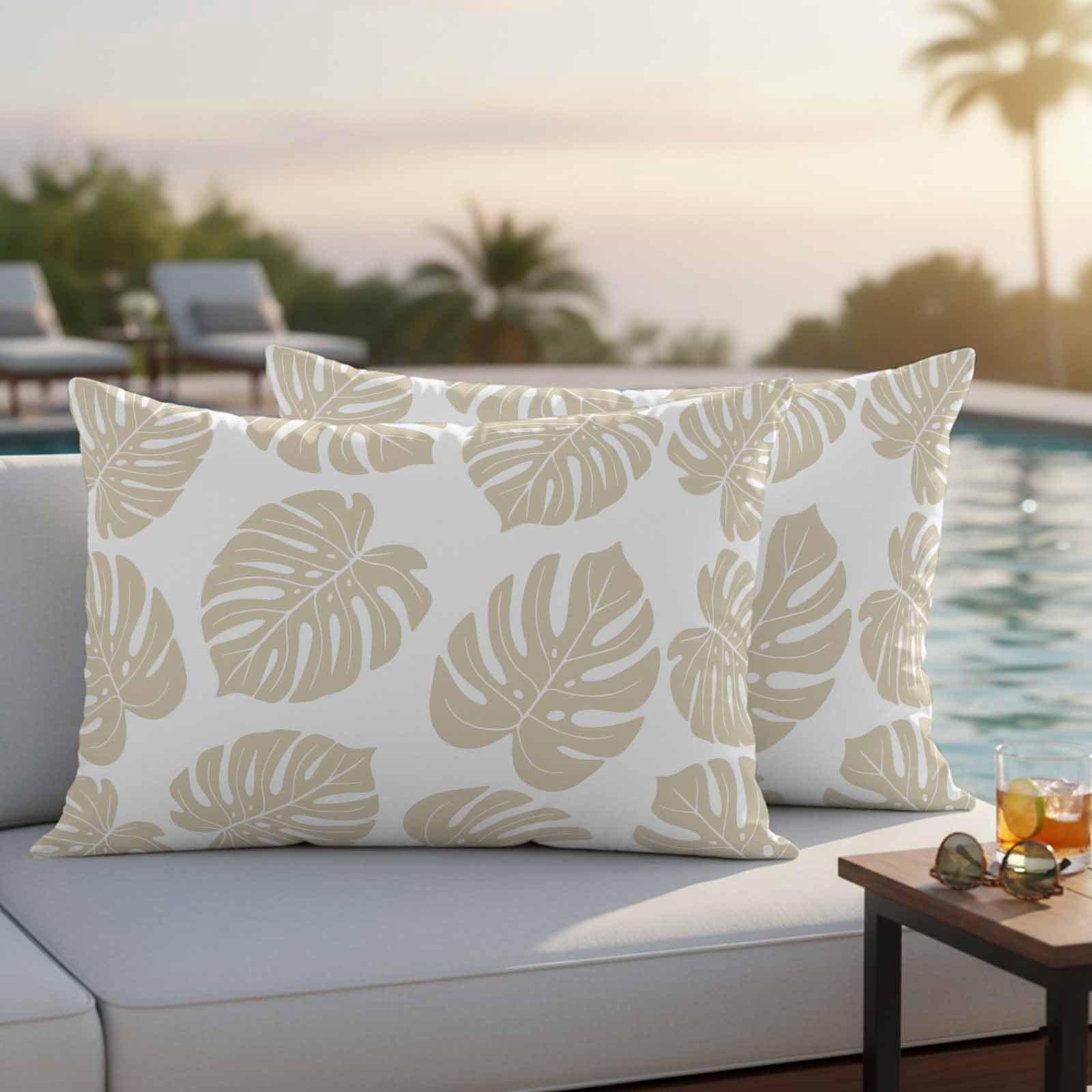 Beige Monstera Leaf Outdoor Waterproof Pillow Covers 20x12 Tropical ...