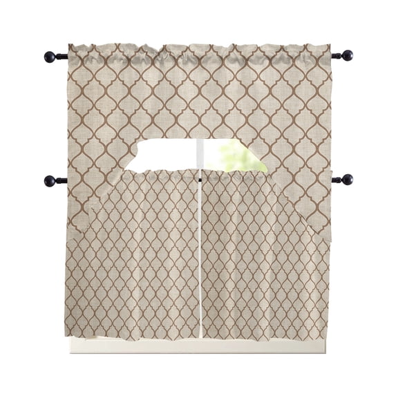 Beige Morocco Pattern Kitchen Curtain and Valance Set 3 Pieces,Rod ...
