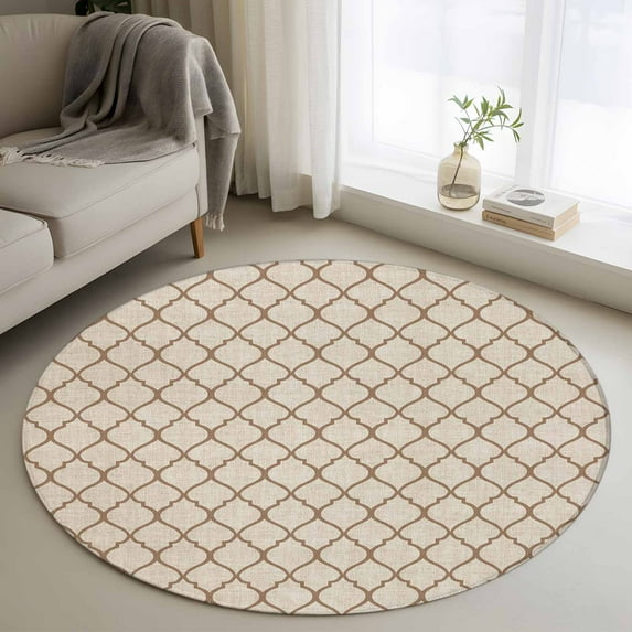Beige Morocco Pattern Round Area Rug 4 FT, Non Slip Indoor Outdoor Rug ...
