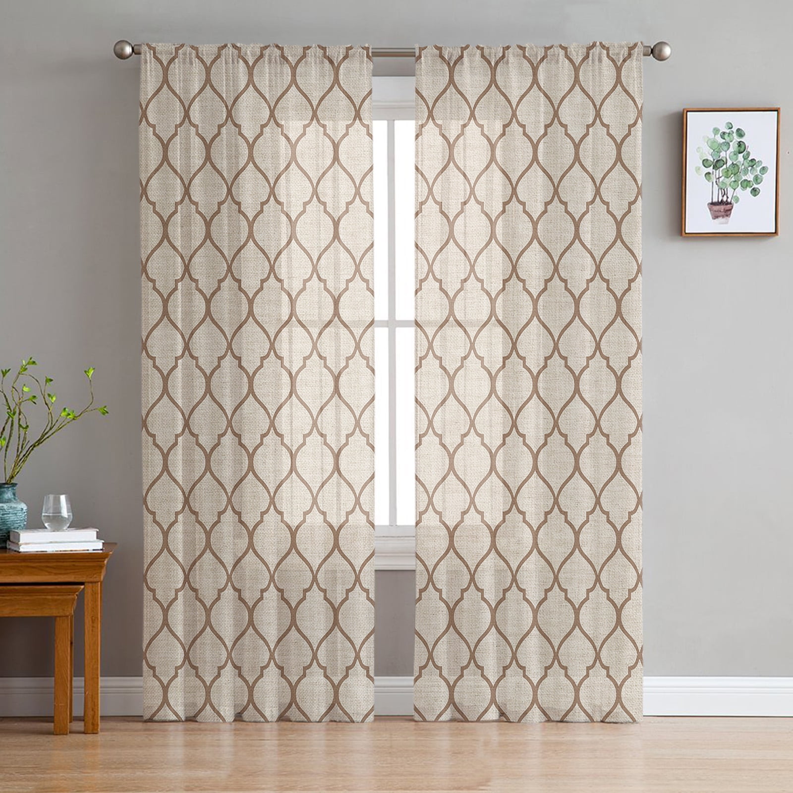 Beige Morocco Pattern Sheer Curtains 84 Inches Long 2 Panels Set, Window Sheer Curtains for ...