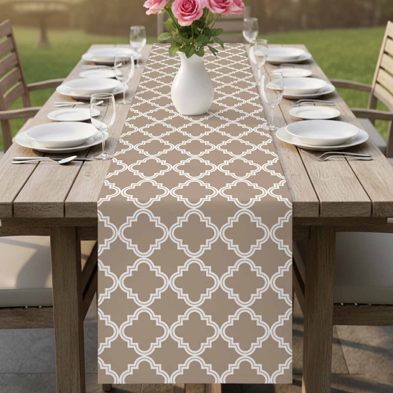 Beige Morrocan Plaid Geometric Art Check Table Runner 90 Inches Long ...