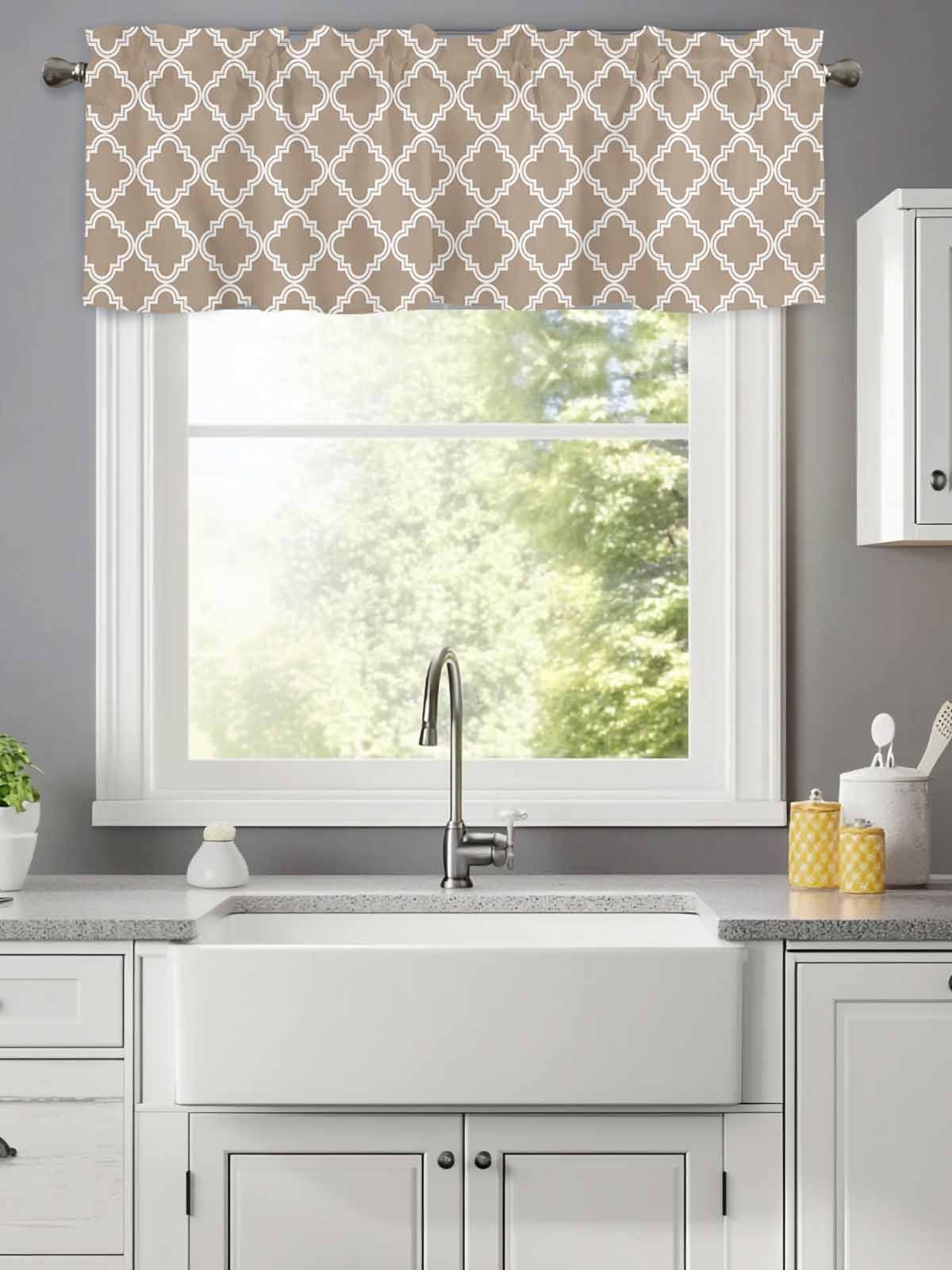 Beige Morrocan Plaid Geometric Art Check Valances for Windows,Kitchen ...