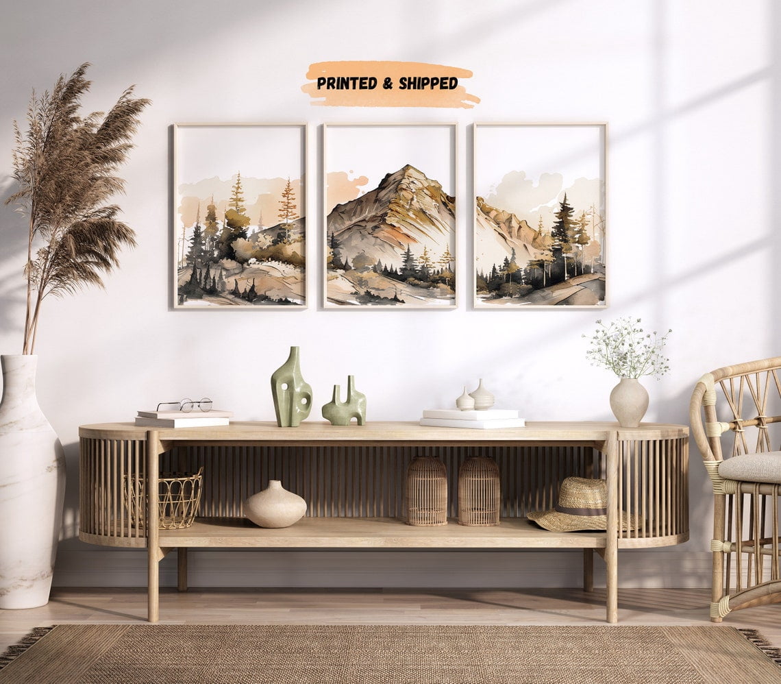 Beige Mountain Forest Landscape Wall Art Set 3 Stretched Canvas 16x24 ...