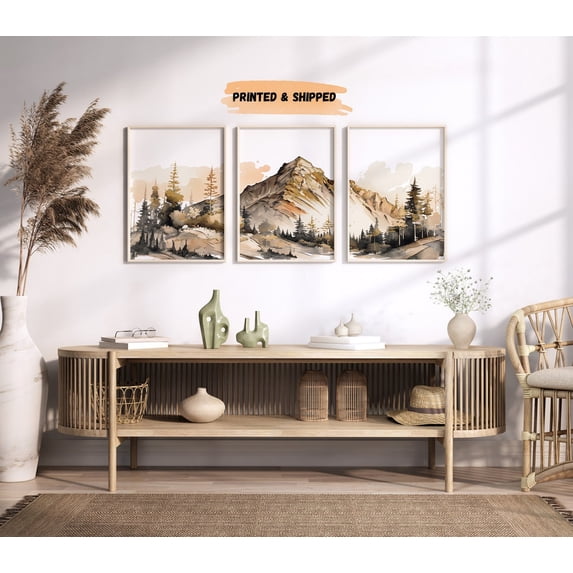 Beige Mountain Forest Landscape Wall Art Set 3 Stretched Canvas 16x24 ...
