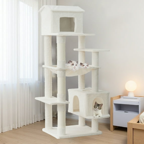 Beige Multi-Level Cat Tree with Unique Cat House, Hammock, Scratching ...