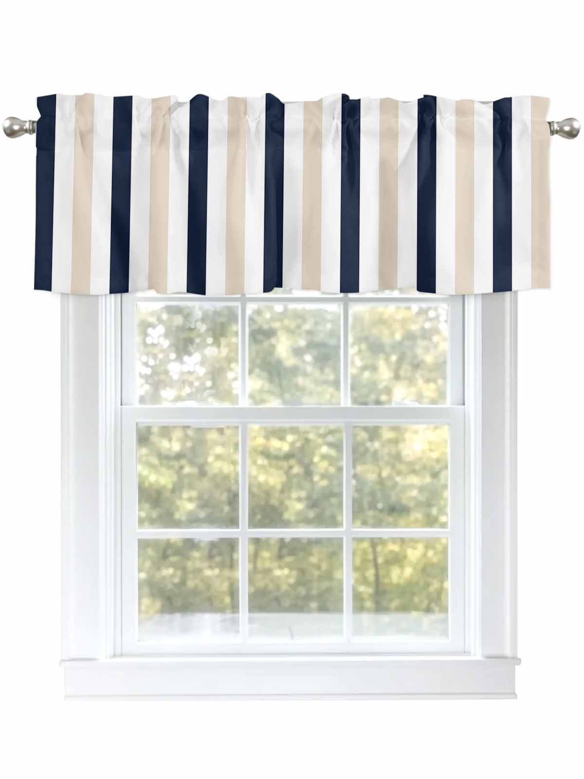 Beige Navy Blue Striped Curtain Valances for Windows, Farmhouse Stripe ...