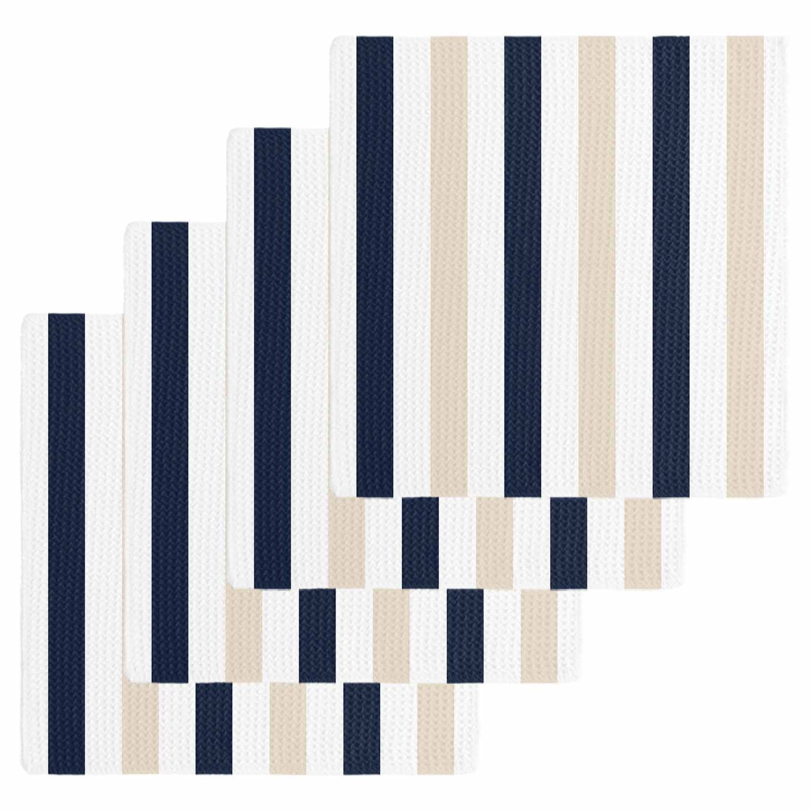 Beige Navy Blue Striped Kitchen Dish Towels for Drying Dishes Set of 4 ...