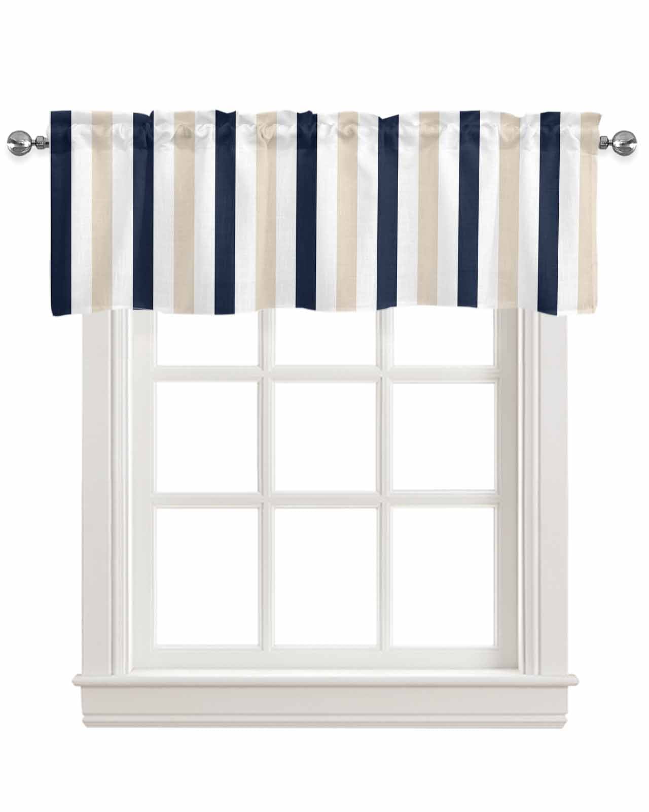 Beige Navy Blue Striped Kitchen Valances for Windows Farmhouse Linen ...