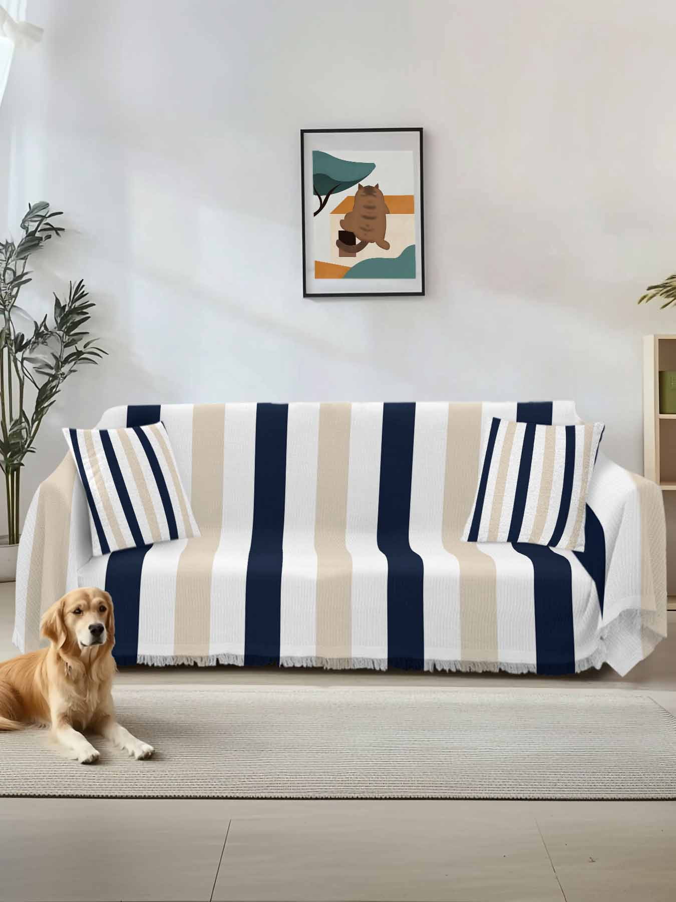 Beige Navy Blue Striped Sofa Cover Blanket Couch Covers for Armchair ...