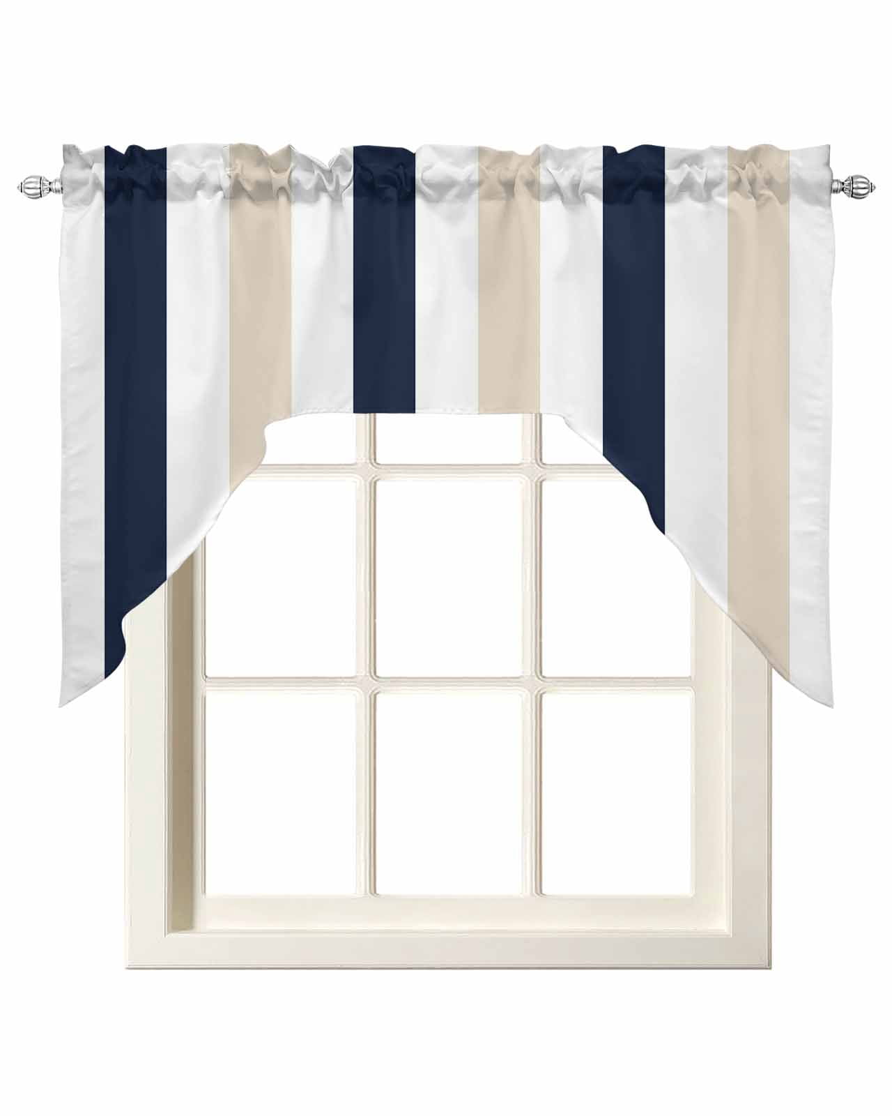 Beige Navy Blue Striped Swag Valances for Windows, Small Curtains ...