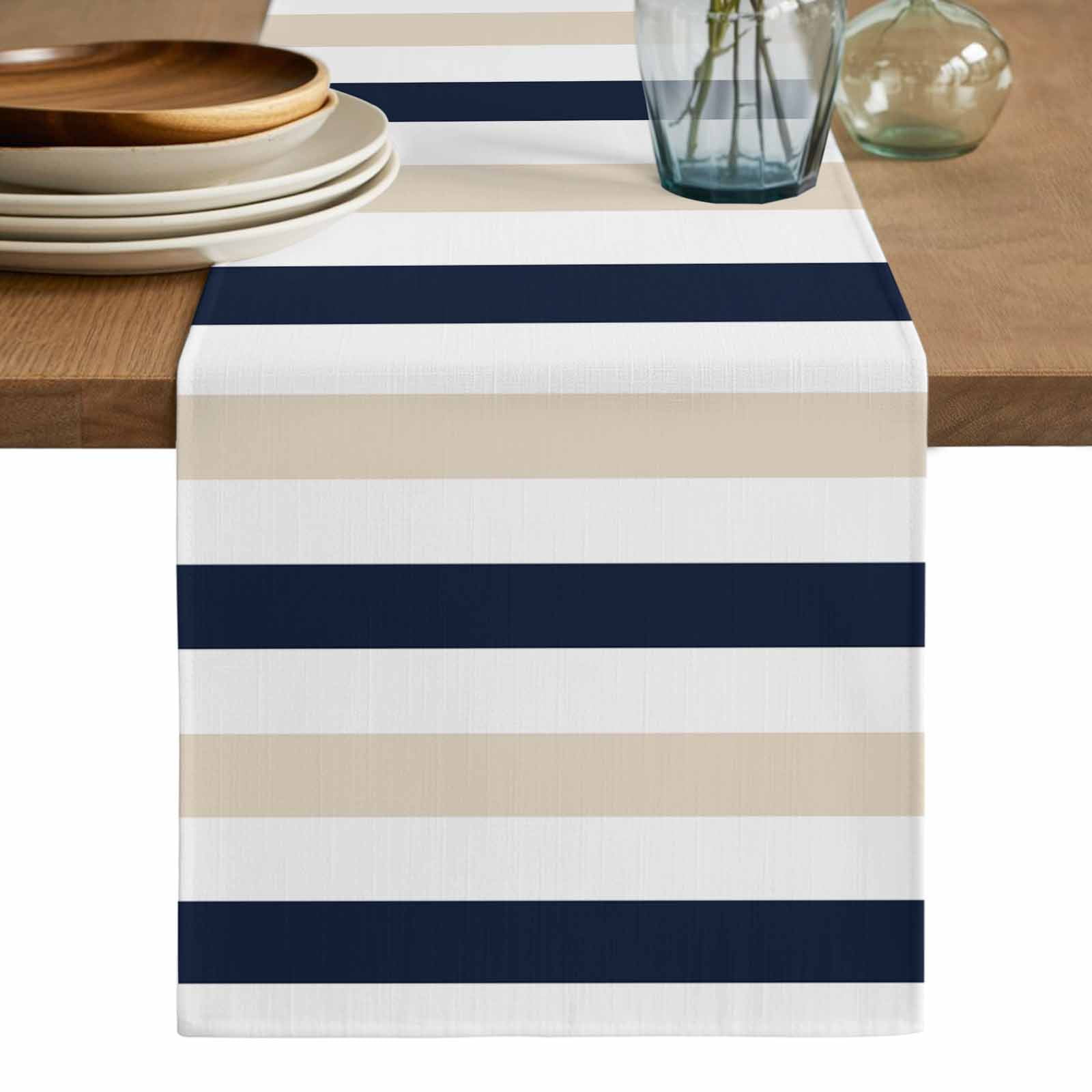Beige Navy Blue Striped Table Runner, Farmhouse Stripe Art Washable ...