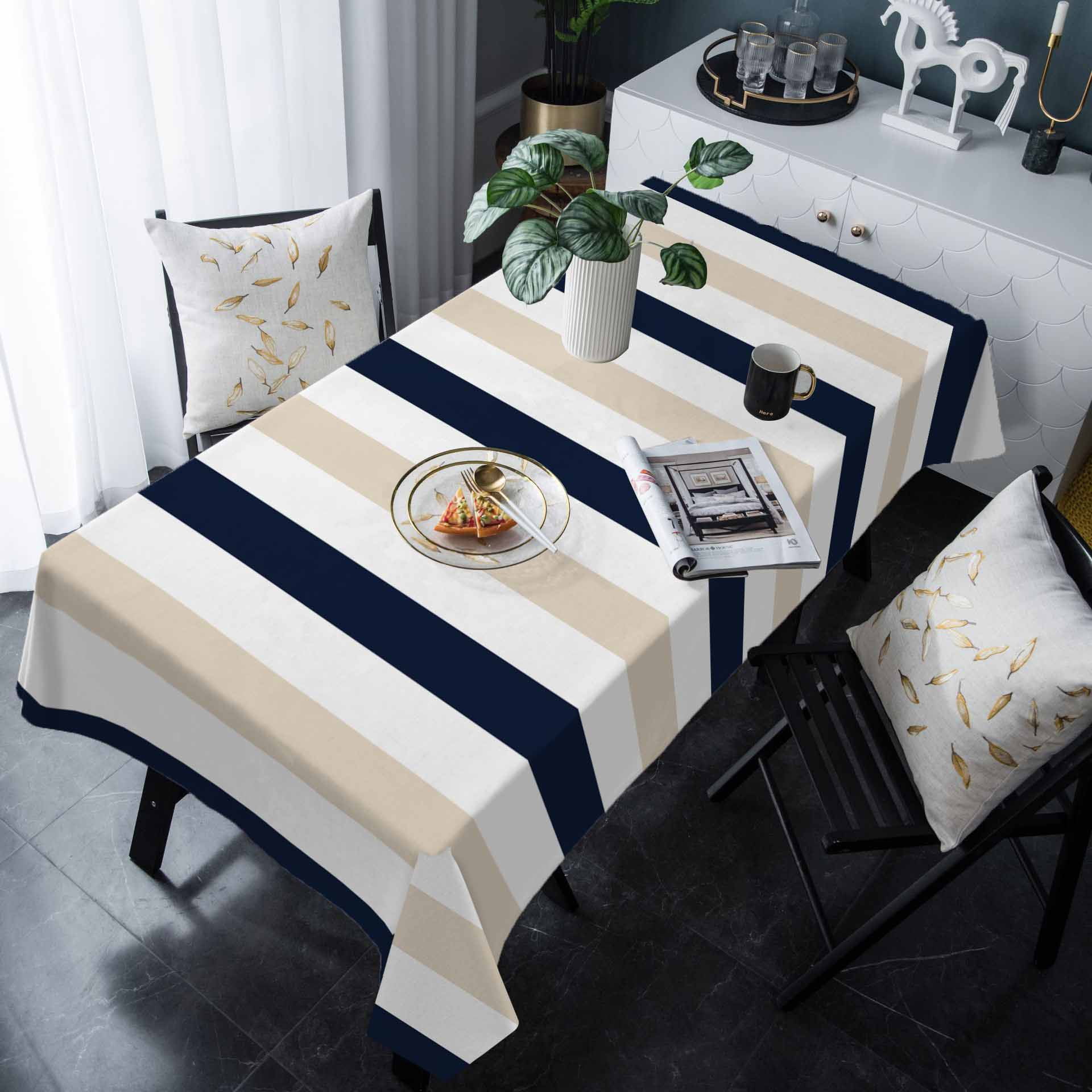 Beige Navy Blue Striped Tablecloth Rectangle Table Cloth 60x120 ...